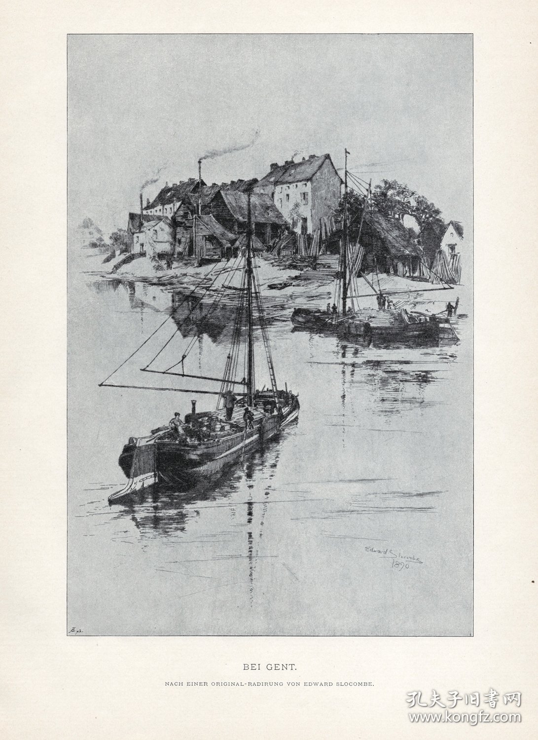 【图】1897年平版版画《风景画：莱斯河畔的小城根特》（BEI GENT）-- 出自英国画家，Edward Slocombe（1850 ...