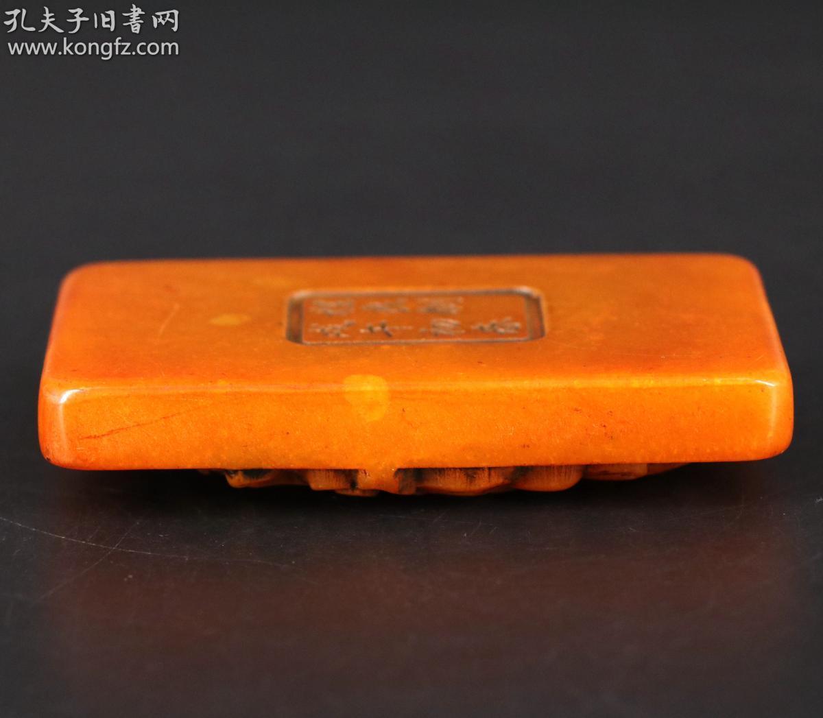 【图】日本购回 原包浆《纯天然 精雕 寿山石 笔舔一件》这件笔舔精雕花卉图案，天然原石纹理，笔舔料石材精美细腻，有名款，是文房四宝收藏之佳品 ...