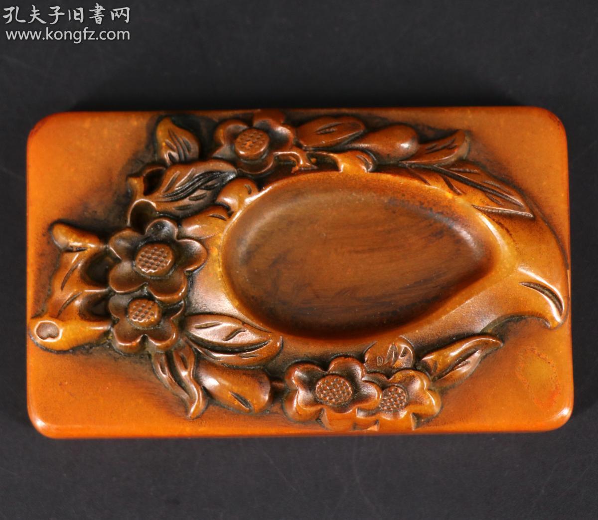 【图】日本购回 原包浆《纯天然 精雕 寿山石 笔舔一件》这件笔舔精雕花卉图案，天然原石纹理，笔舔料石材精美细腻，有名款，是文房四宝收藏之佳品 ...