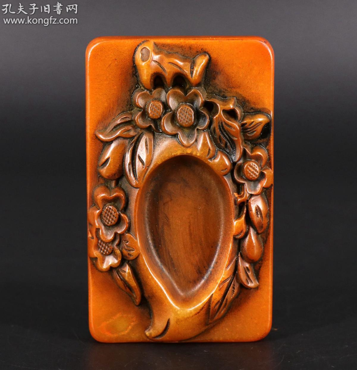 【图】日本购回 原包浆《纯天然 精雕 寿山石 笔舔一件》这件笔舔精雕花卉图案，天然原石纹理，笔舔料石材精美细腻，有名款，是文房四宝收藏之佳品 ...